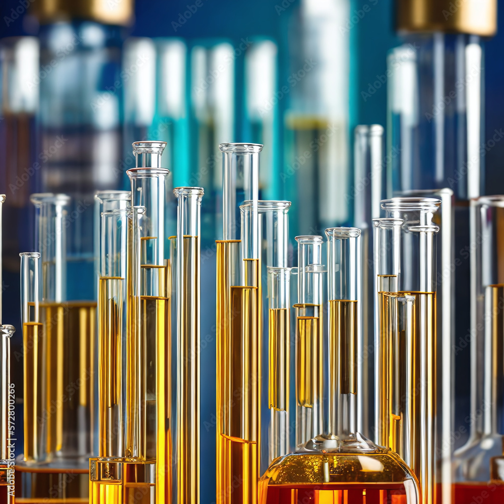 Brightly-colored liquids in test tubes in a science lab. Chemistry ...