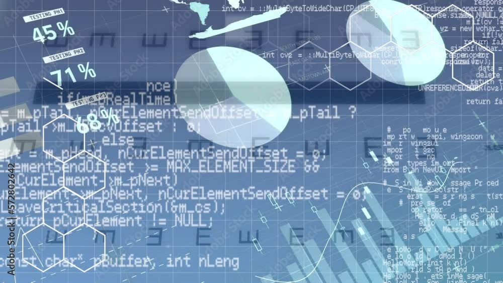 Animation of hexagon patterns over computer language against infographic interface on e symbols ...