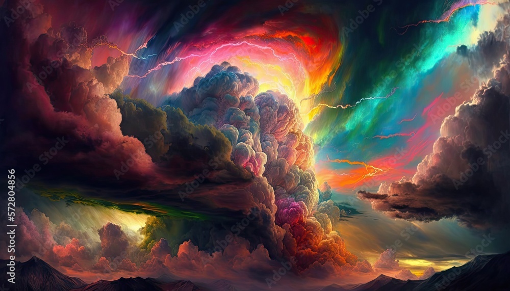 Rainbow storm clouds over a landscape. Thunder and lightning with ...