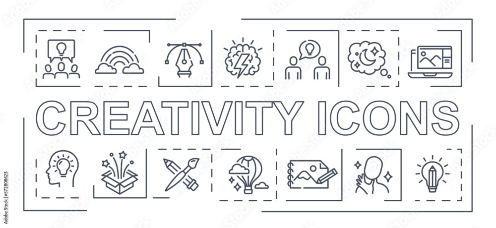 Creativity line banner. Collection of icons for website, cognitive ...