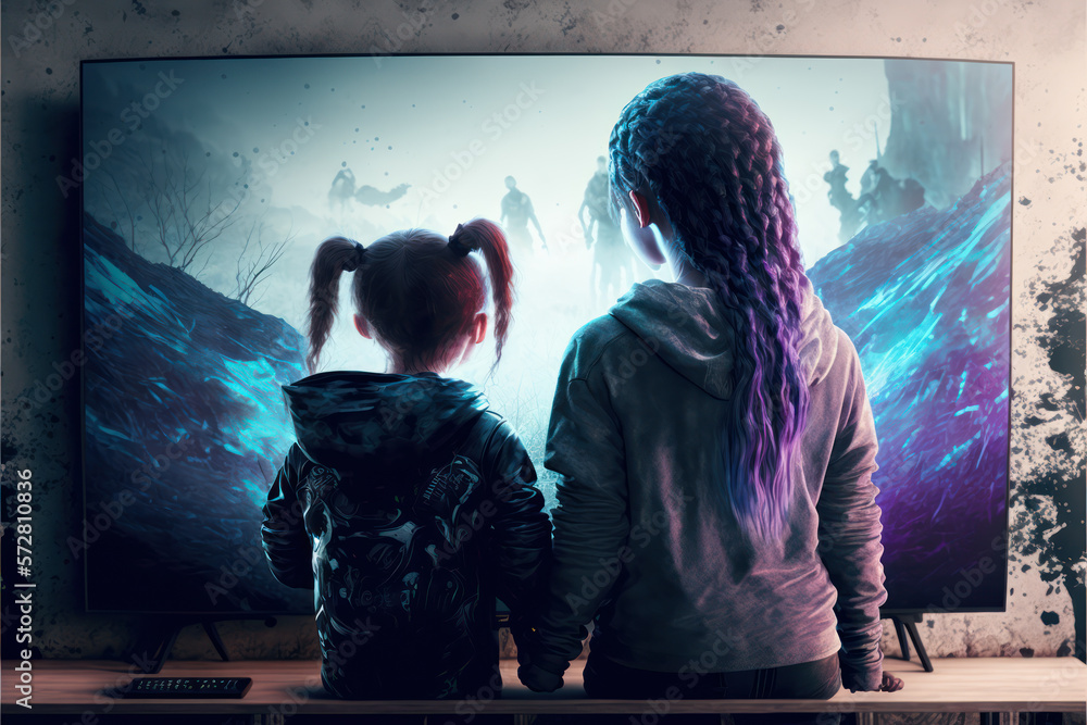 Children playing wireless futuristic video game and handheld emulator ...