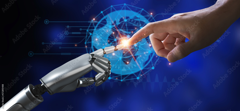 Cyborg finger about to touch human finger 3D rendering AI, Machine ...