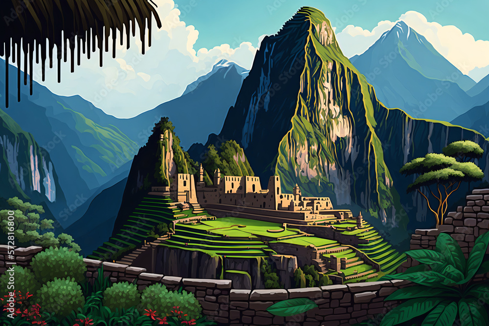 A digital illustration of Machu Picchu, an ancient Incan ruin nestled ... A digital illustration of Machu Picchu, an ancient Incan ruin nestled ...