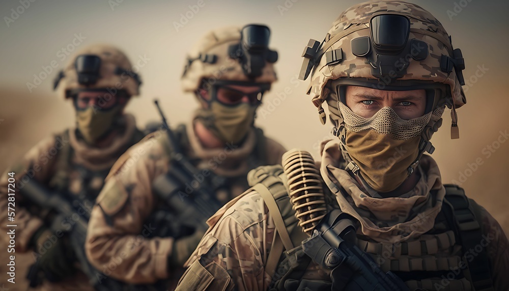 The concept of military units. soldiers with arms and Command Center ...