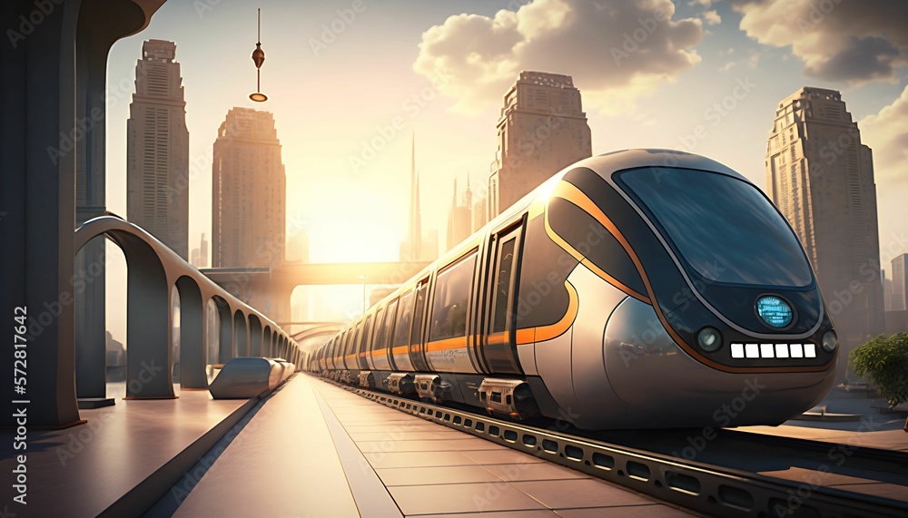 Urban mobility future - tram, metro, subway in futuristic city with ...