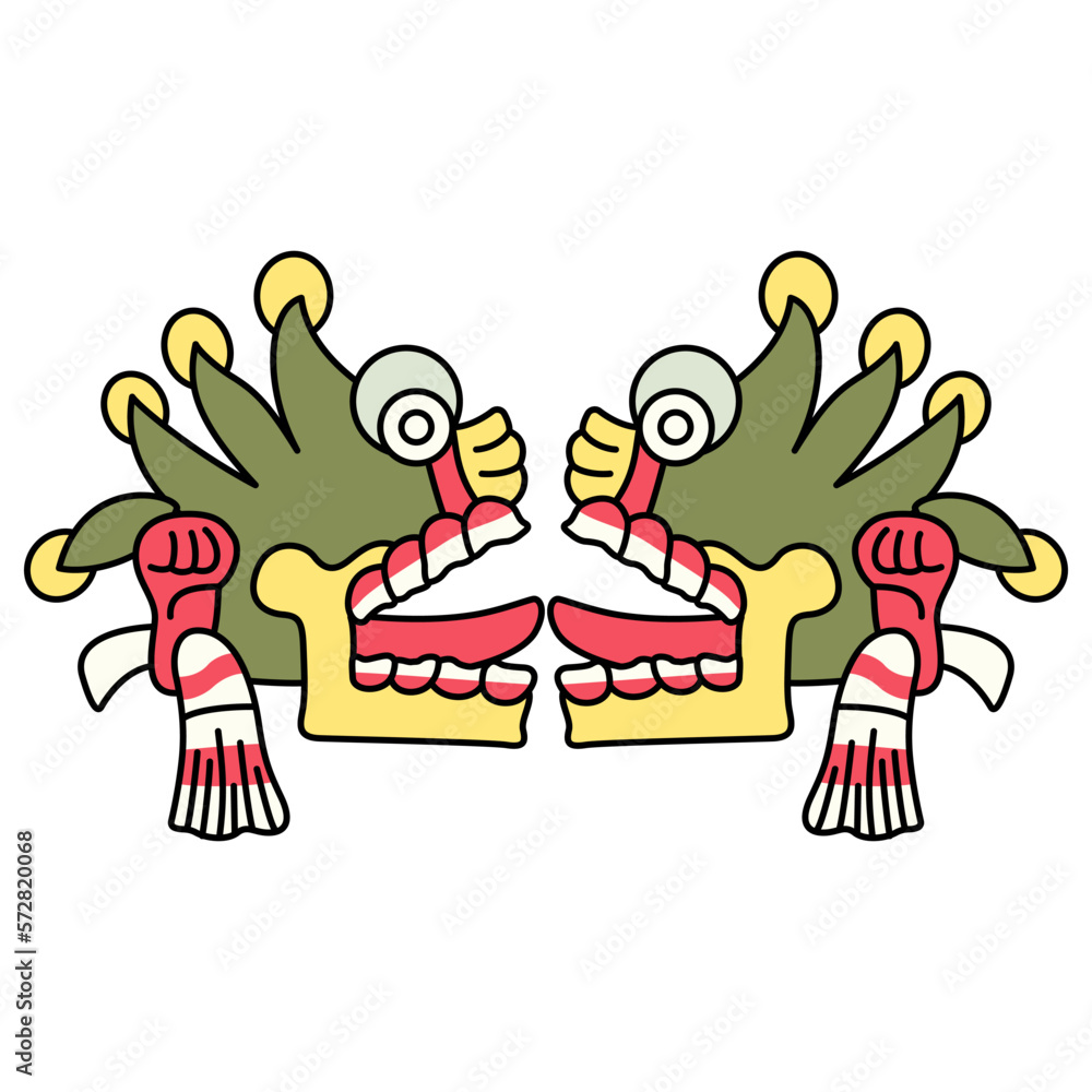 Symmetrical ethnic design with two Aztec skulls with open mouths and ...