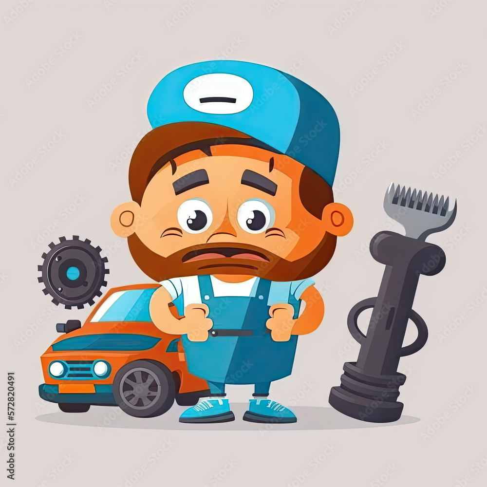 mechanic repairing car, cartoon character, holding a repair tool, car ...
