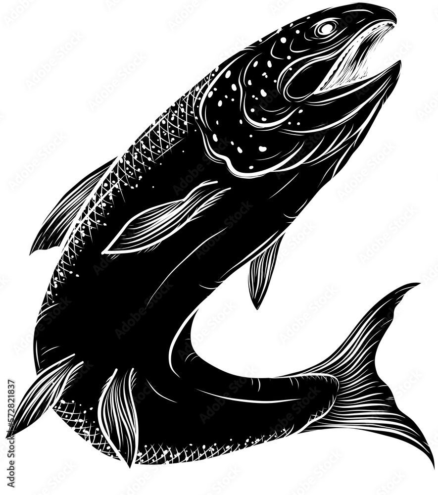 Salmon art highly detailed in line art style.Fish png by hand drawing ...