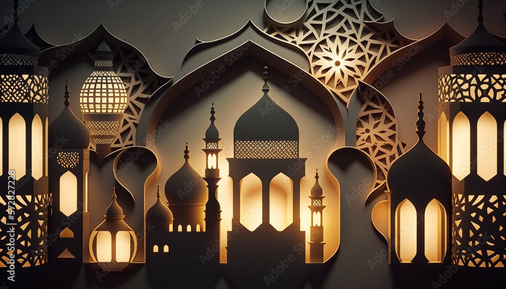 Islamic geometric pattern with lanterns and mosque silhouette AI ...