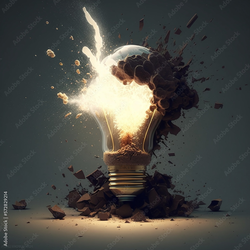 Explosive light bulb with a big spark of electricity on dark background ...