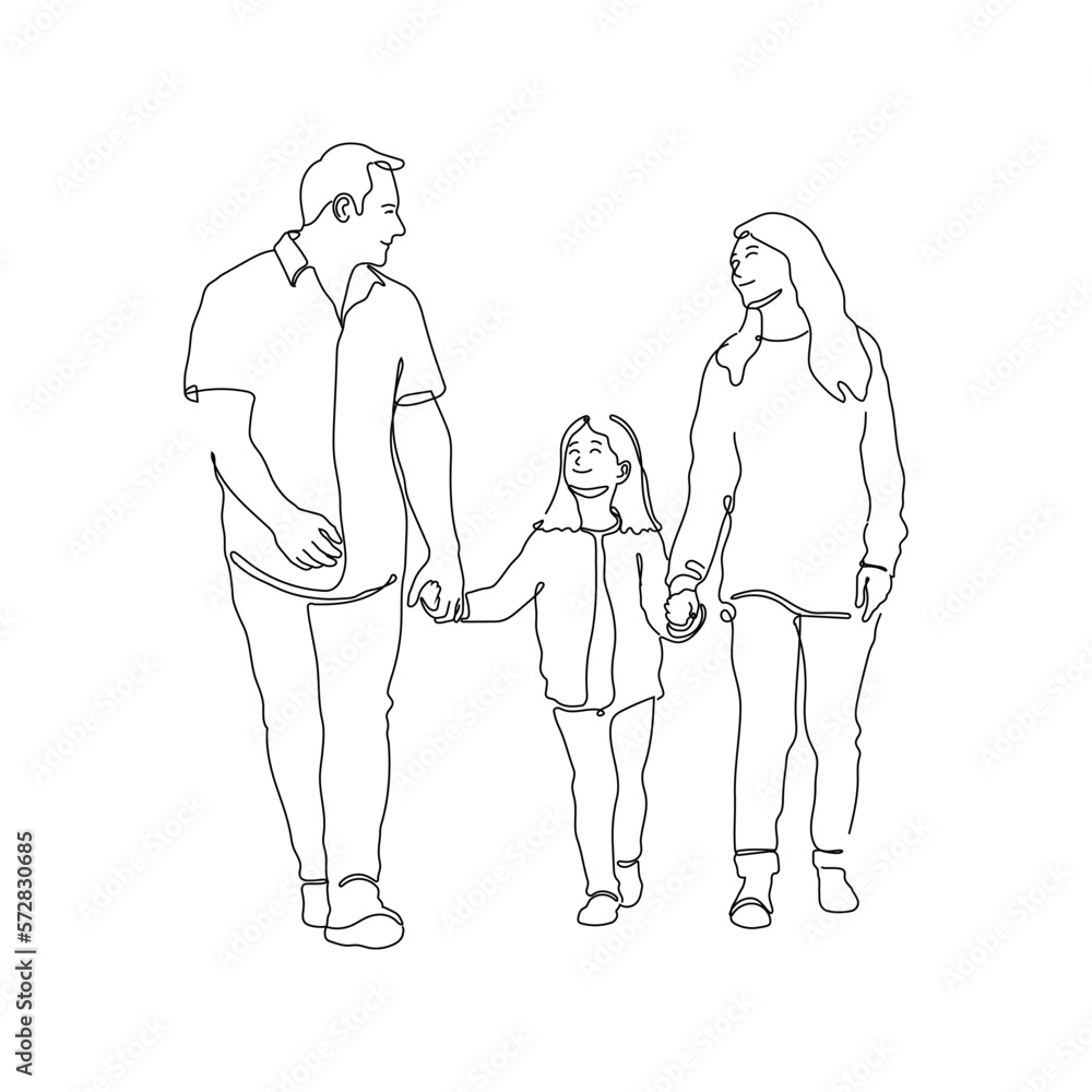 Happy family line drawing. Husband and wife holding hands with daughter ...