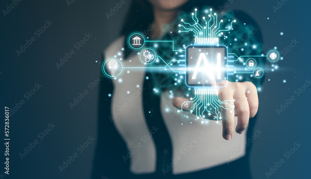 Woman use AI to help work, AI Learning and touching the brain working ...