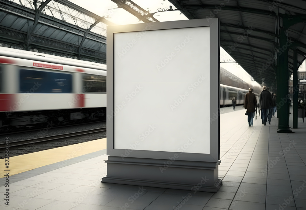Blank white digital billboard black frame light box in train station ...