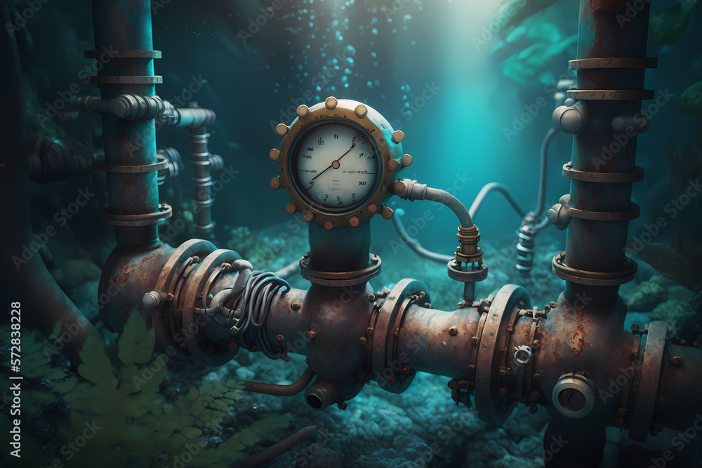 Metal pipes at bottom of sea, Gas oil pipeline under water. Concept ...