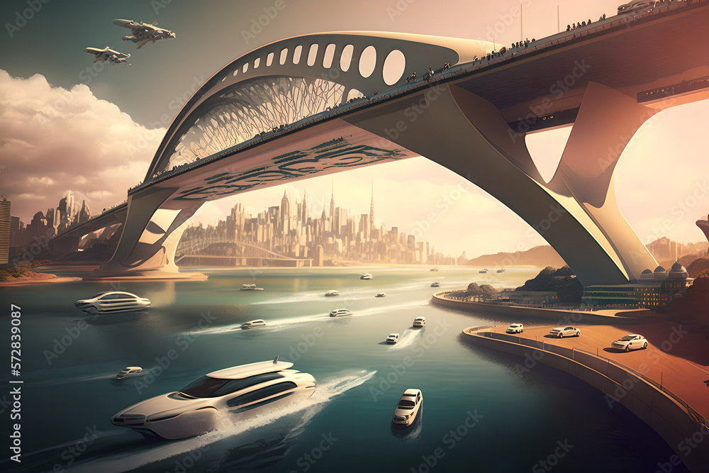 Futuristic deisng of the Sydney Harbour bridge, rainbows and colors all ...