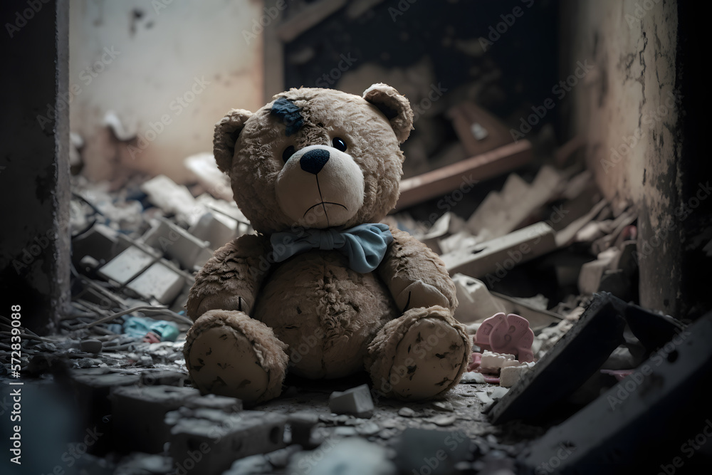 Alone Teddy bear on ruins of house after war bomb and accident rubble ...