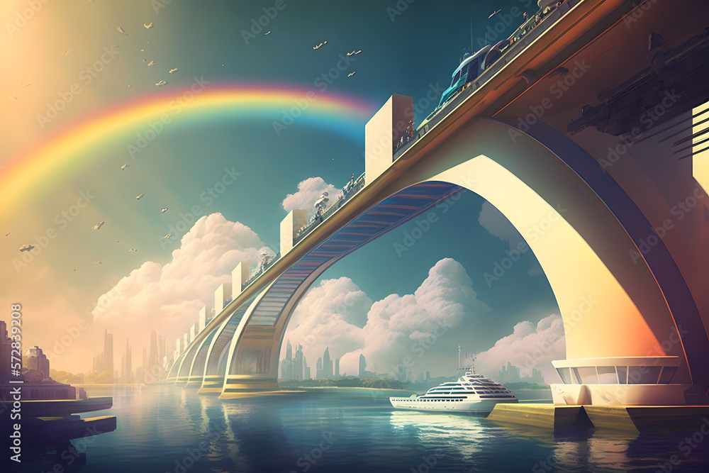 Futuristic deisng of the Sydney Harbour bridge, rainbows and colors all ...