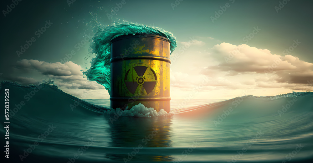 Yellow barrels for nuclear radiation waste floats on ocean. Concept ...
