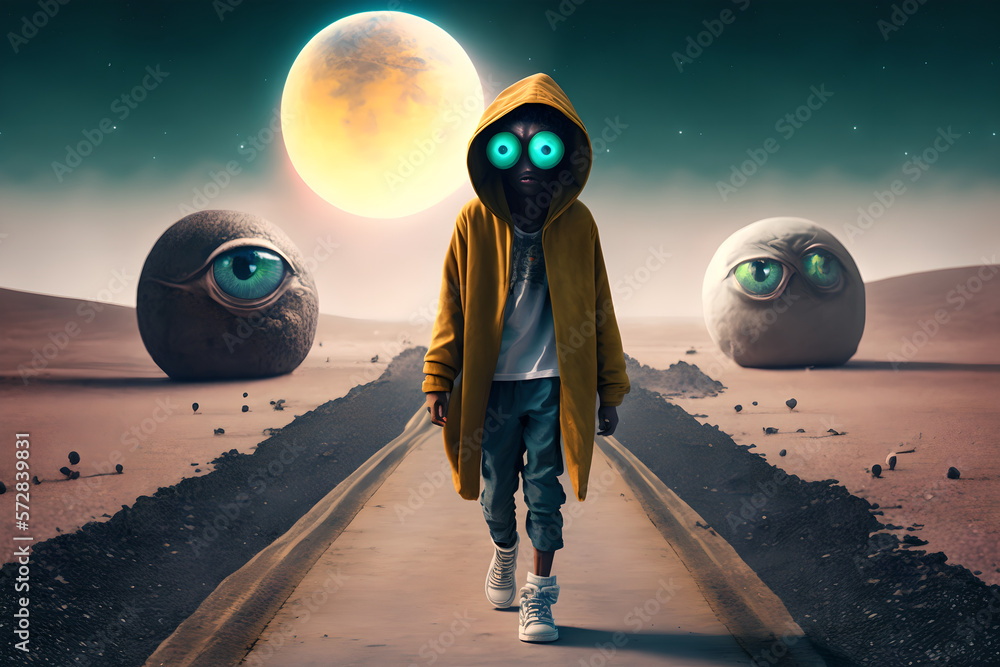 A bizarre black child alien with piercing blue eyes, a hybrid is waking ...