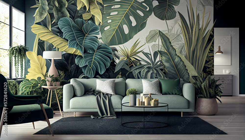 living room with tropical plant leaves wallpaper , sofa, chair, table ...