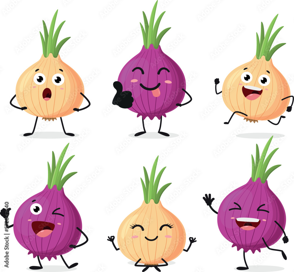 Cute red onion cartoon characters set Stock Vector | Adobe Stock