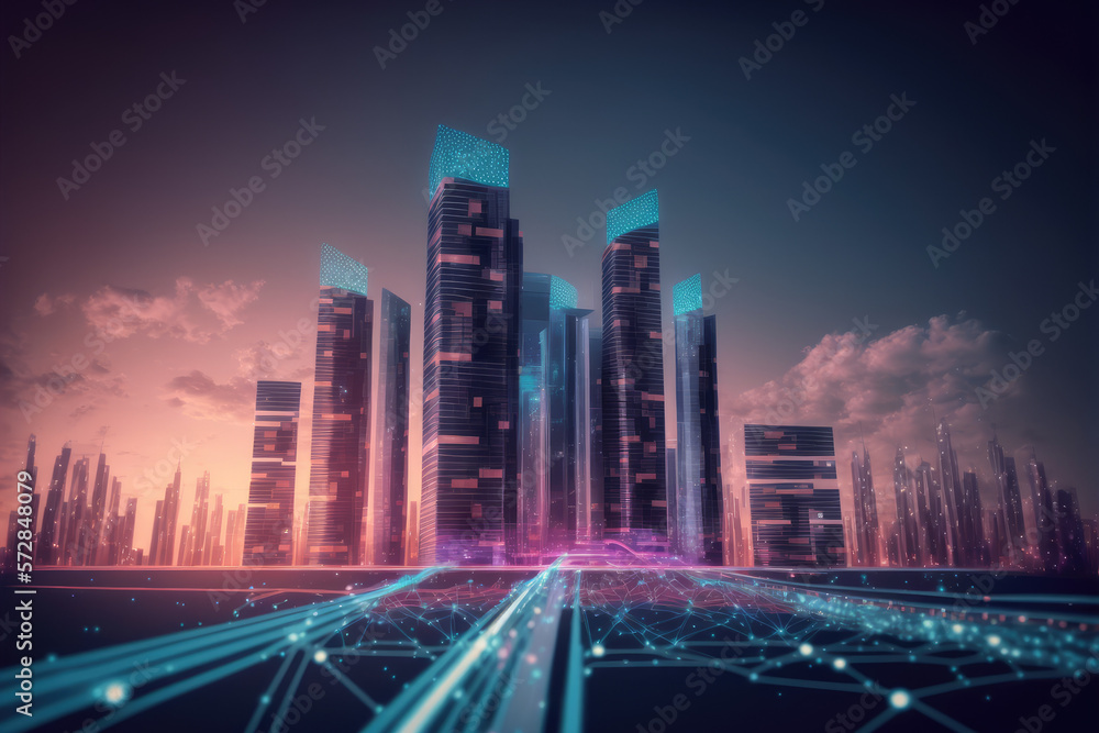 Smart city with communication network graphic connecting the city with ...