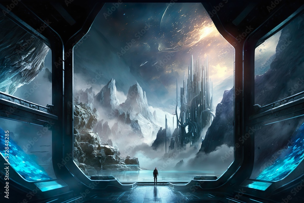 an enormous spacecraft, featuring glass-walled cages and a spaceport ...