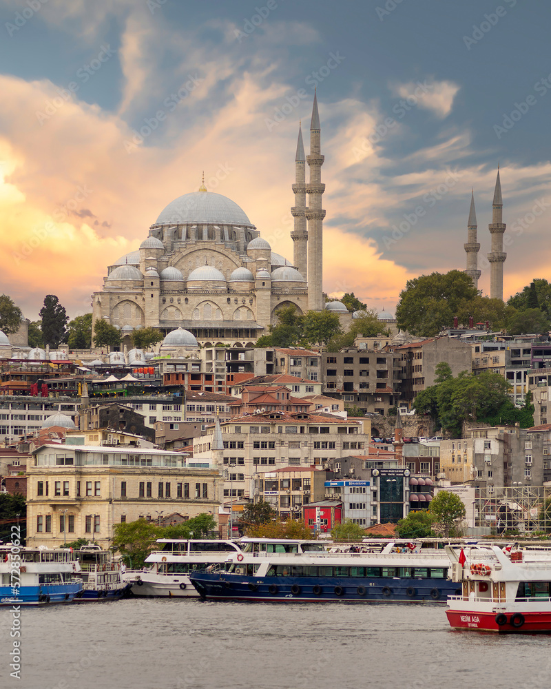 Istanbul city view at Eminonu overlooking the Golden Horn with ferries ...