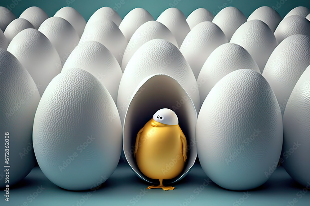 A whimsical image of a single yellow chick standing out from a crowd of ...