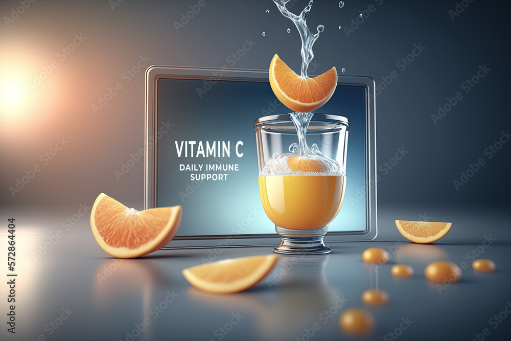Vitamin C supplement banner ad, featuring a 3D rendering of an orange ...