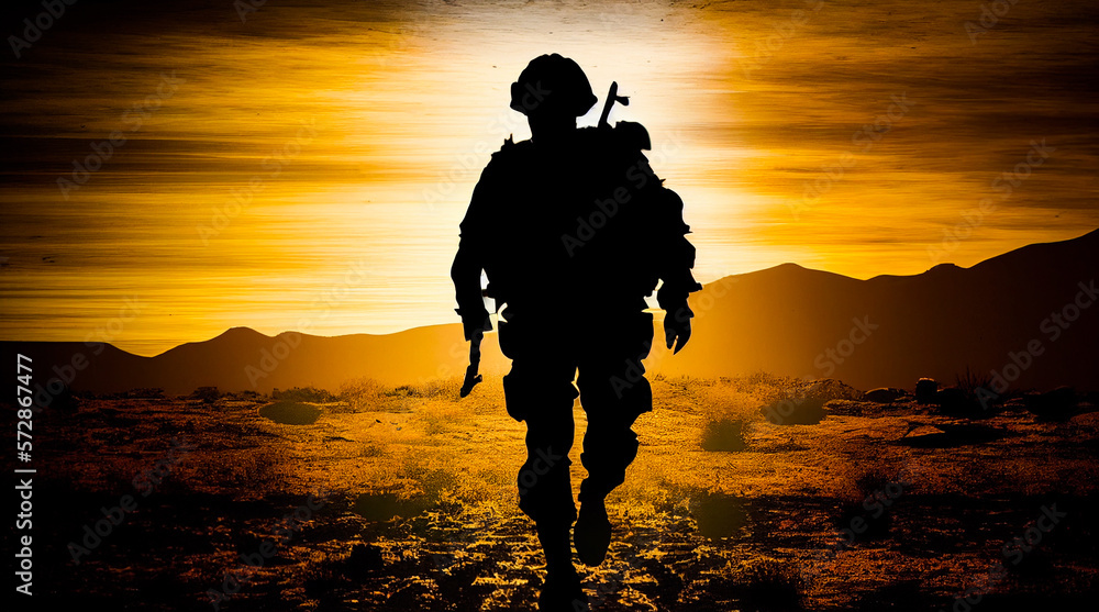 Silhouette of army special forces soldier armed with service rifle ...
