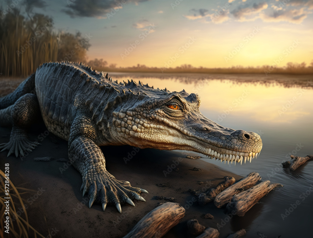 Horror alligator ready to hunt enjoys nature, bright sky, day hunt ...