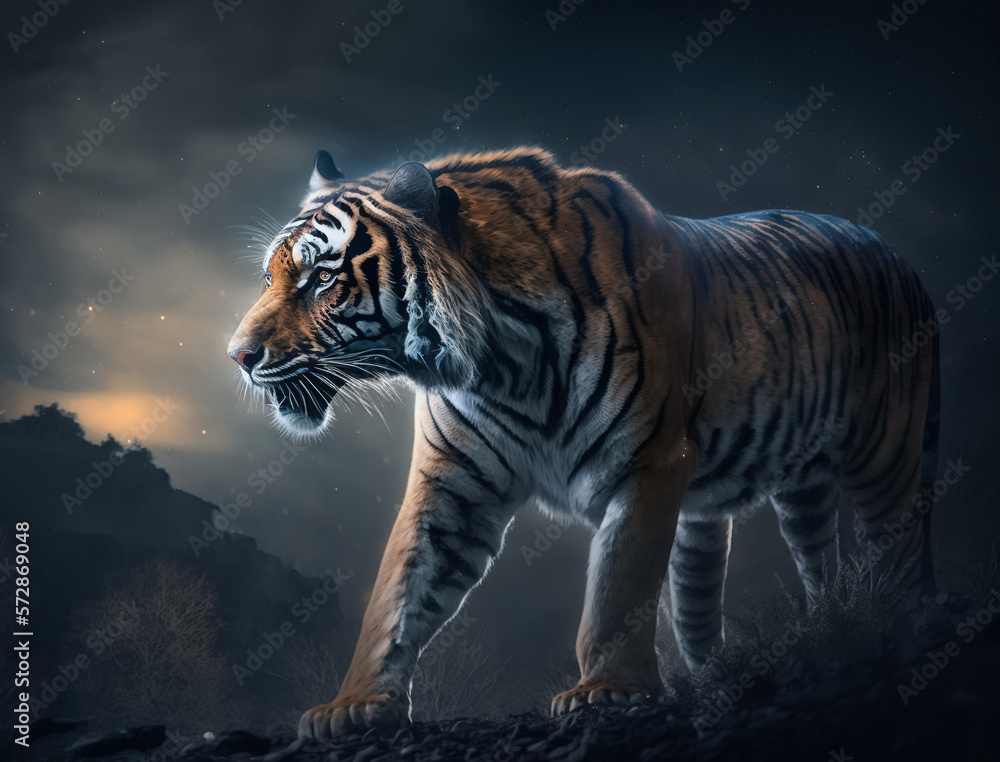 Bengal tiger in the mid-night enjoys nature , black sky, night hunt ...