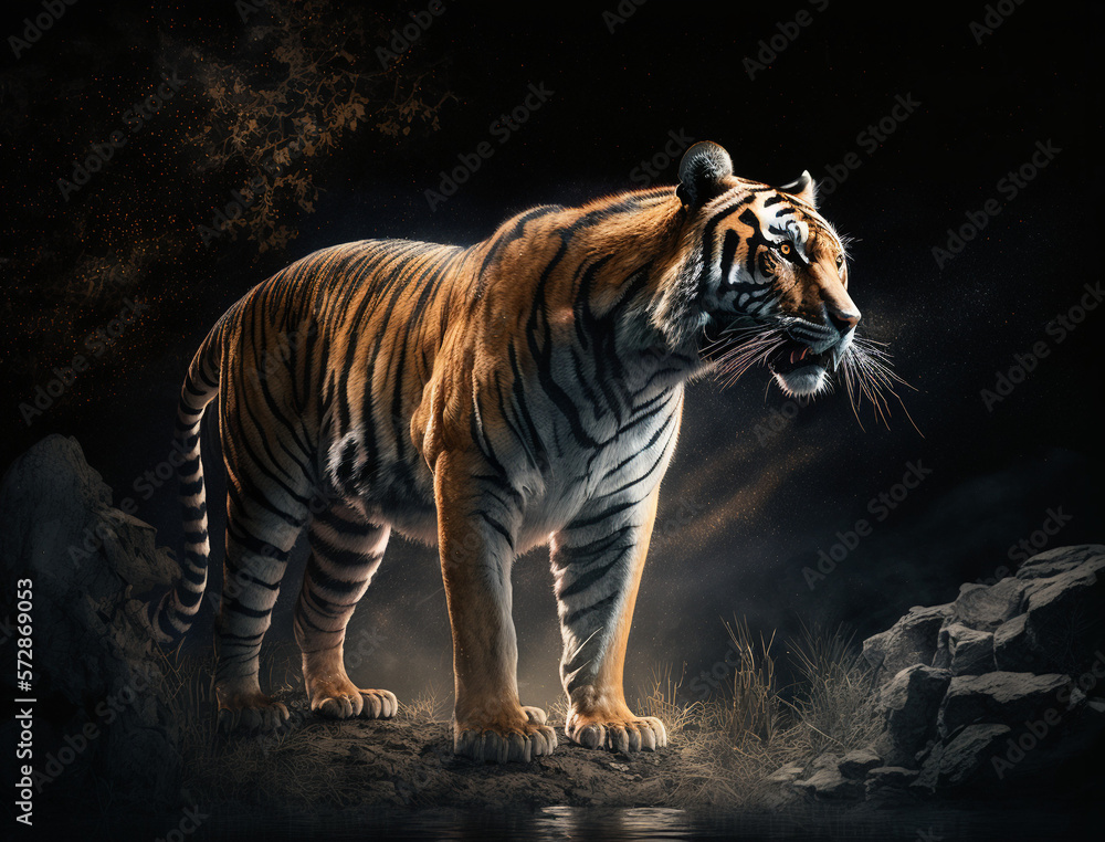 tiger in the wild enjoys nature, black sky, night hunt, Safe Atmosphere ...