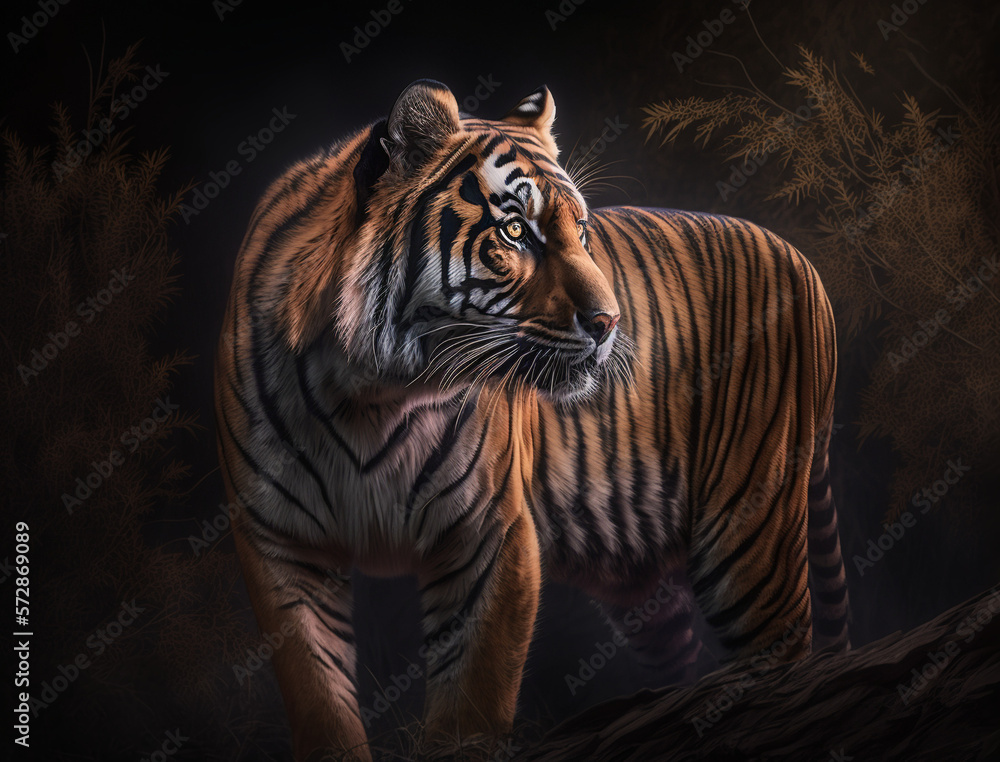 tiger on the rock enjoys nature, black sky, night hunt, Safe Atmosphere ...