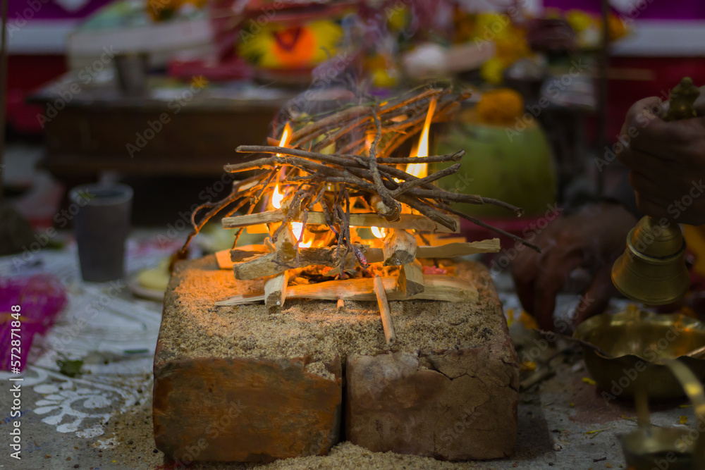Hindu pooja ritual yagya or yajna, which is fire ceremony performed ...