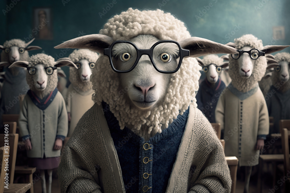 Sheep with glasses dressed as a teacher stands in fron, concept of ...