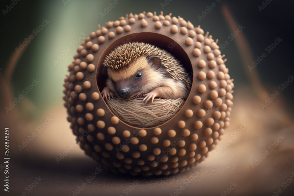 a tiny hedgehog curled up in a ball, with its spines sticking out all ...