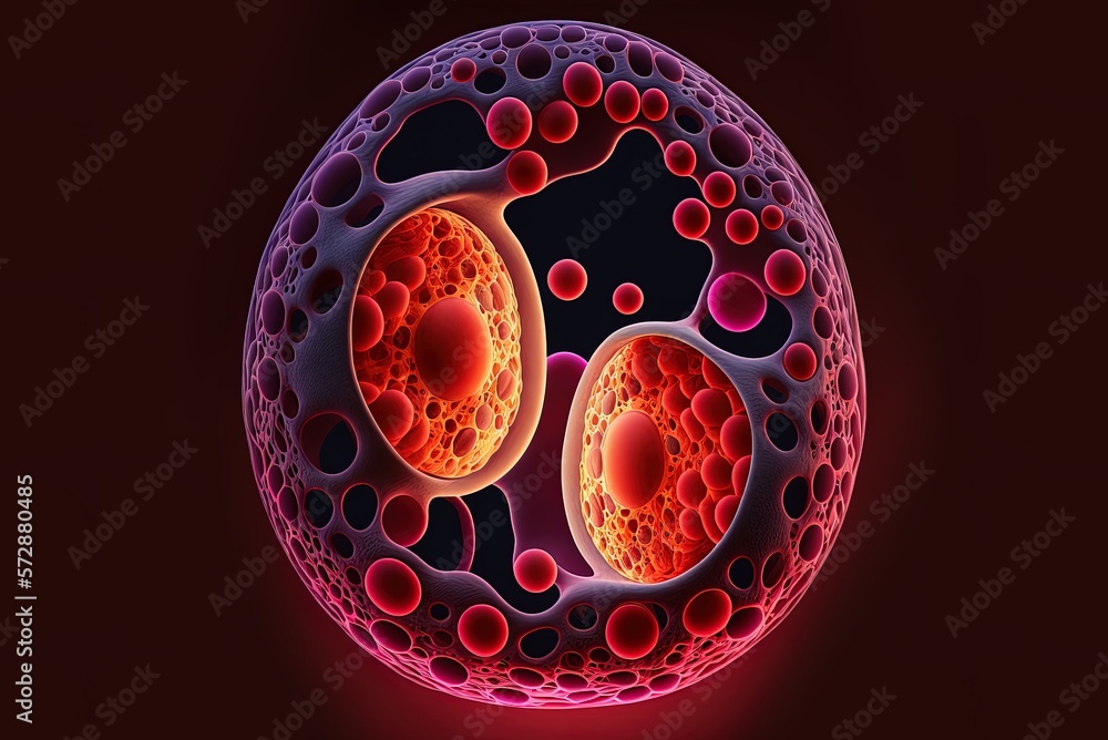 Egg cell embryo. A crimson nucleus may be seen in the middle of these ...