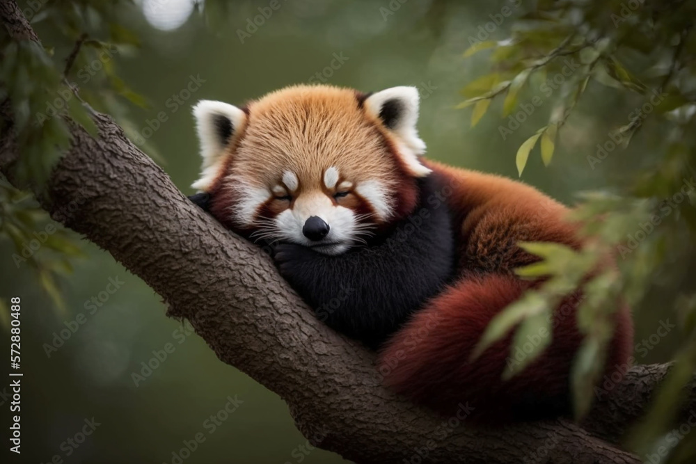 a sleepy red panda nestled in a tree, with its eyes closed and paw ...