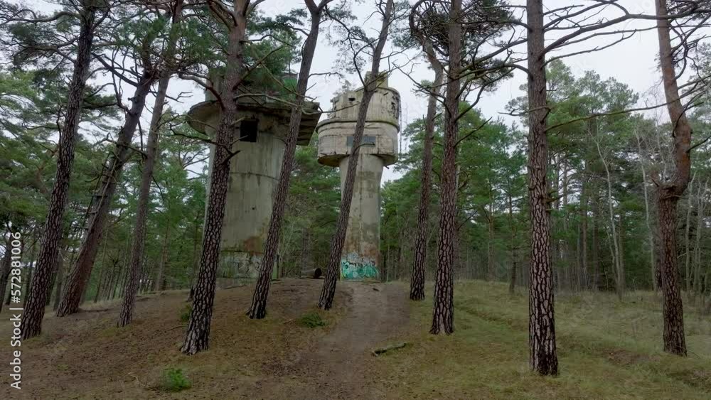Establishing aerial view of old Soviet military concrete observation ...