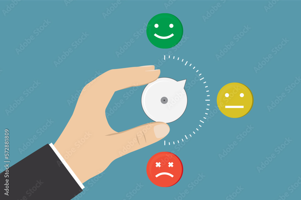 Control your emotions, concept banner. Human hand turns switch on ...