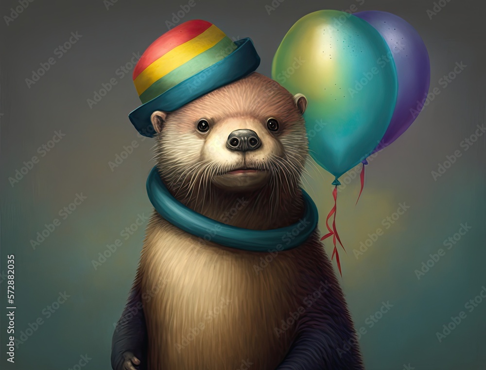 Cheerful Anthropomorphic Otter Wearing a Party Hat Stock Illustration ...