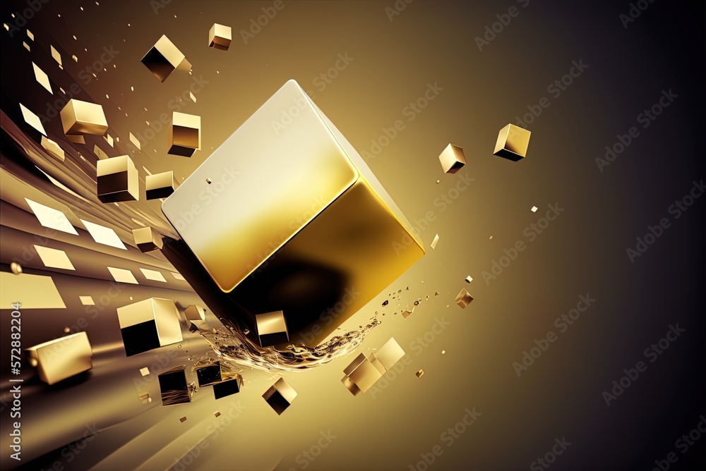 commercial use only: a bird taking off on a gold cube backdrop ...