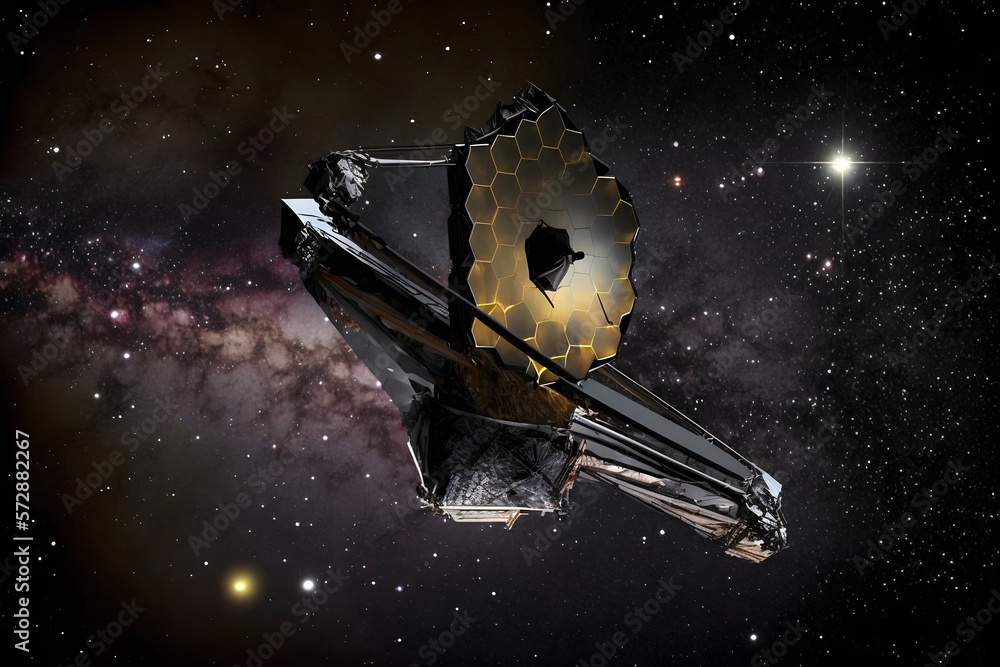 Space explorer telescope in solar system night sky. Fictional made ...