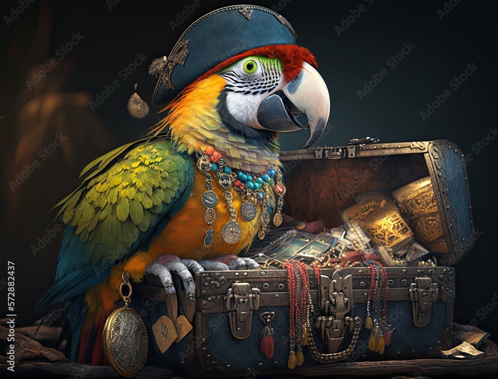 The Pirate Parrot on a Treasure Chest Stock Illustration | Adobe Stock