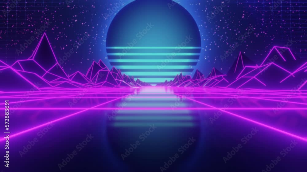 Synthwave Sunset. Animated Background. 80s Sun. Wireframe Landscape ...
