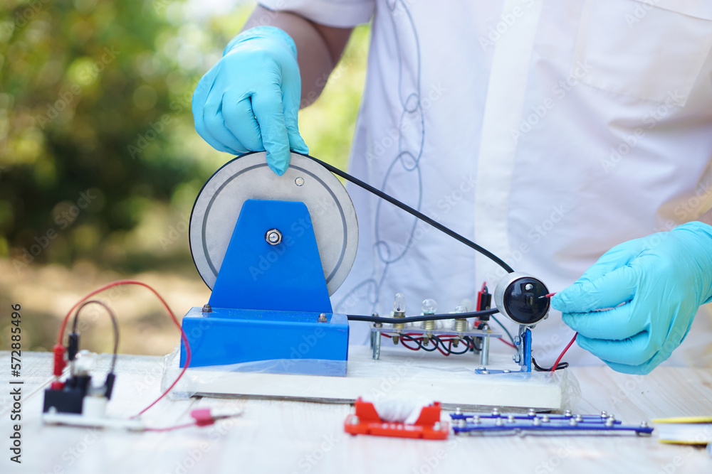 Poster Close up hands wear blue gloves demonstrate science experiment ...