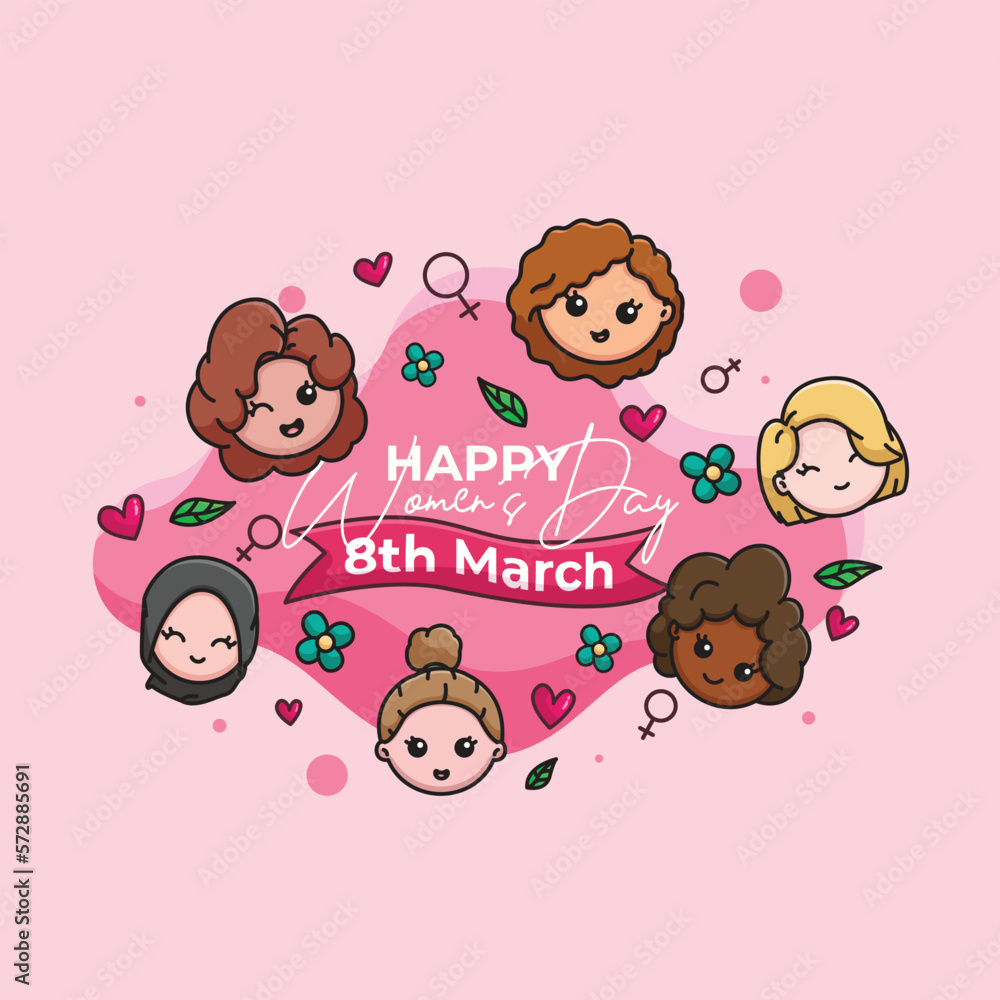 Cute background happy international women's day cartoon vector ...