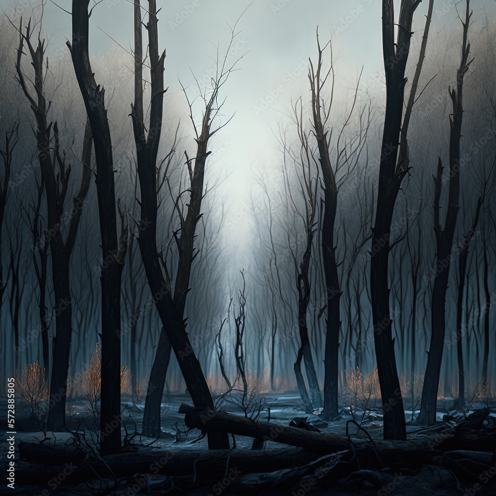 grove of ash surrounded by mountens and forest of dying tree ...